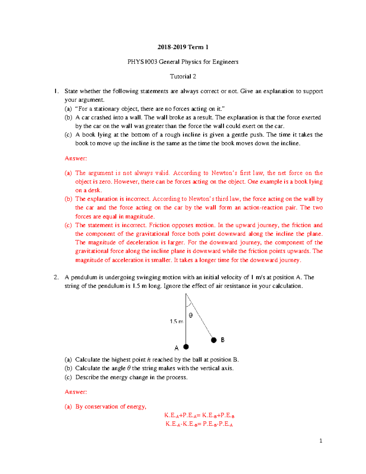 PHYS1003 Term 1 General Physics for Engineers Tutorial 2 Solutions ...