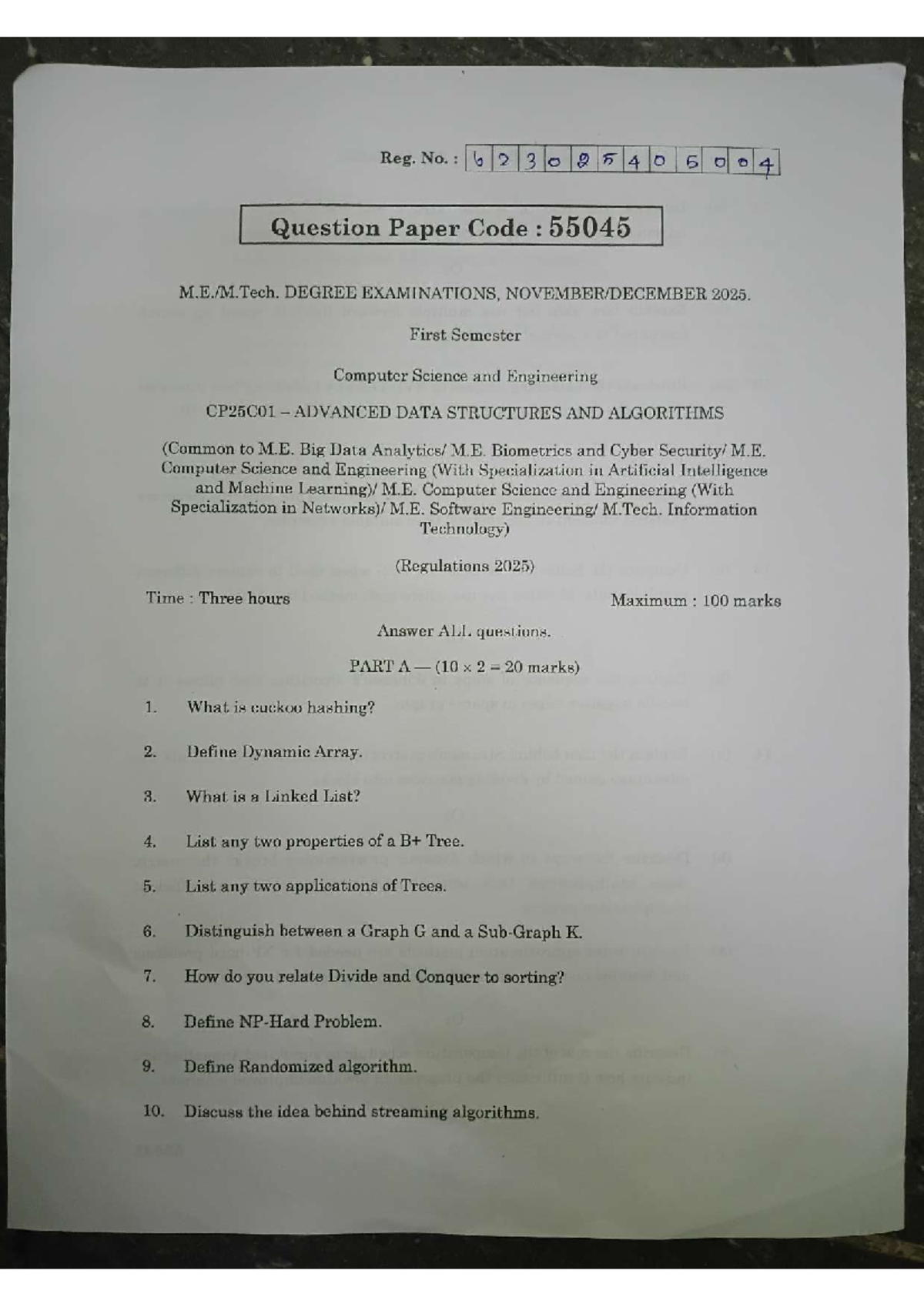 CP25C01 Advanced Data Structures & Algorithms - QP 2025 - Studocu