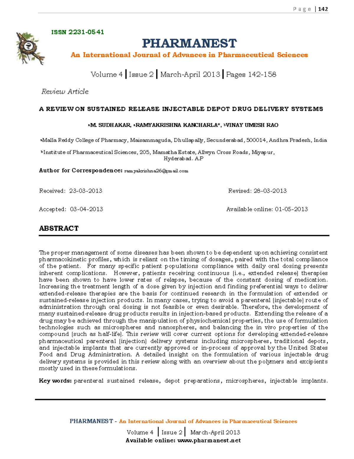 A Review on Sustained Release Injectable Depot Systems in PHARMANEST ...
