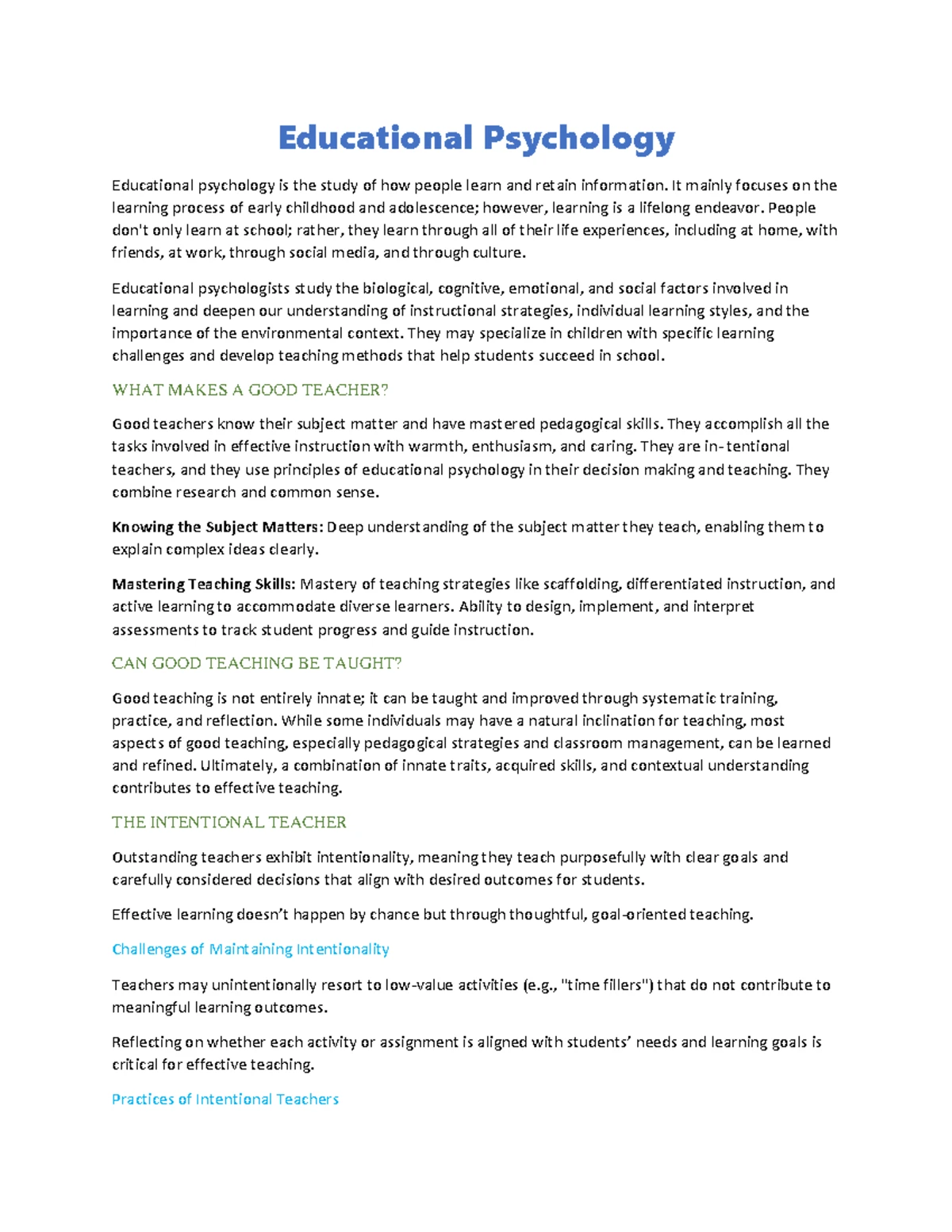 Educational psychology summary - EDUCATIONAL PSYCHOLOGY Chaptaer 1 *A ...
