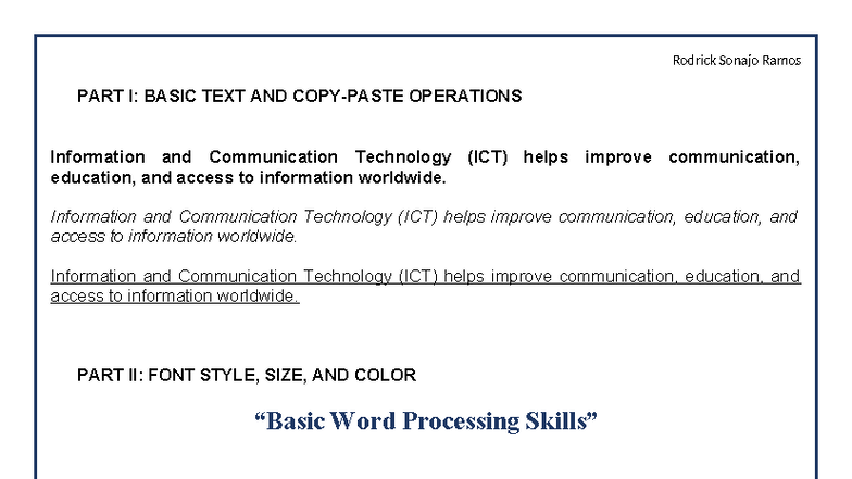 ICT 1 MS Word Practical Exam: Basic Text & Operations Guide - Studocu