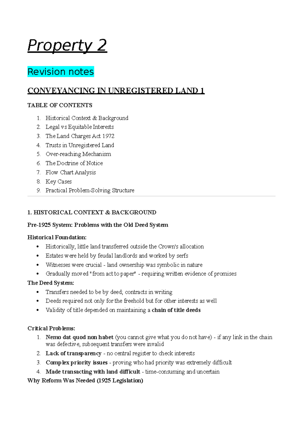 Property 2 Revision Notes: Conveyancing in Unregistered Land - Studocu