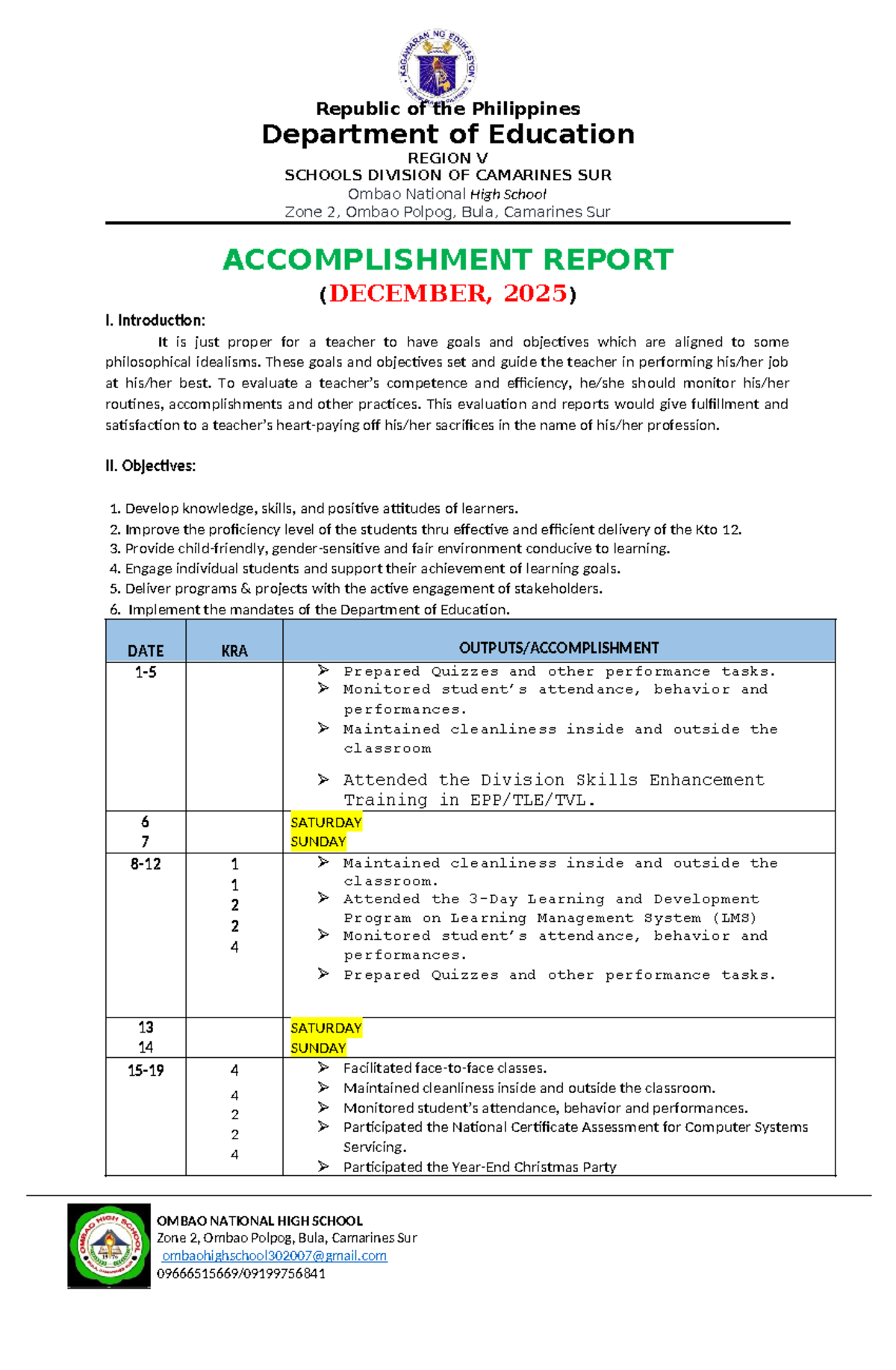 December 2025 Accomplishment Report - Ombao National High School - Studocu