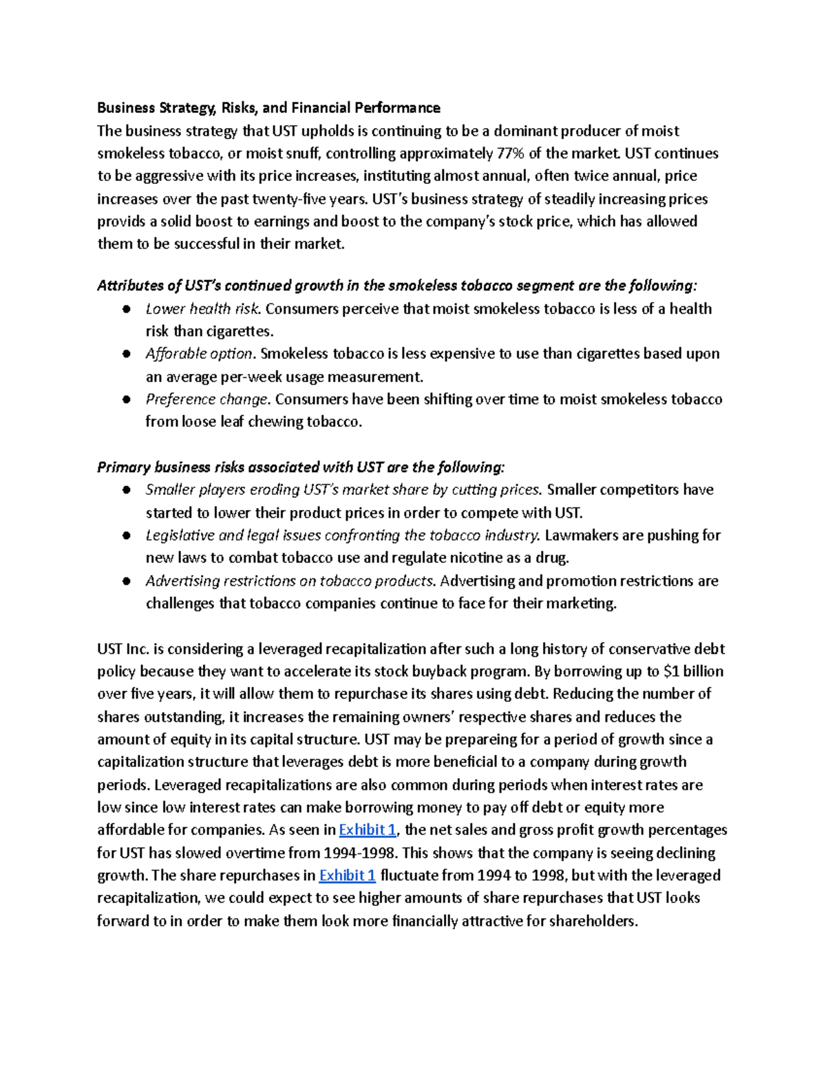 UST Case - UST Case - Business Strategy, Risks, and Financial ...