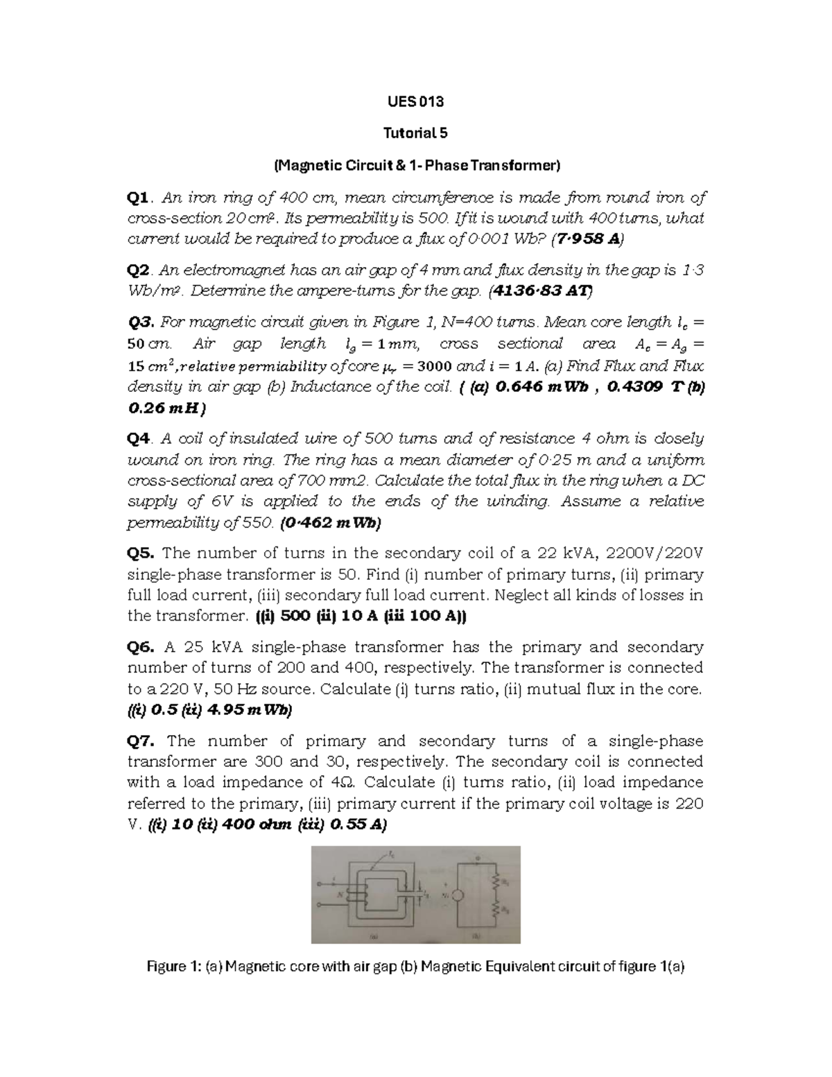 UES 013 Tutorial 5: Magnetic Circuit & Transformer Analysis - Studocu