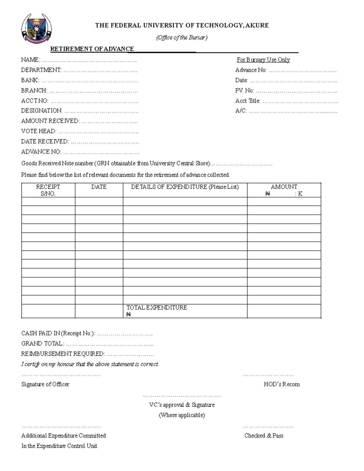 Retirement Advance - THE FEDERAL UNIVERSITY OF TECHNOLOGY, AKURE ...