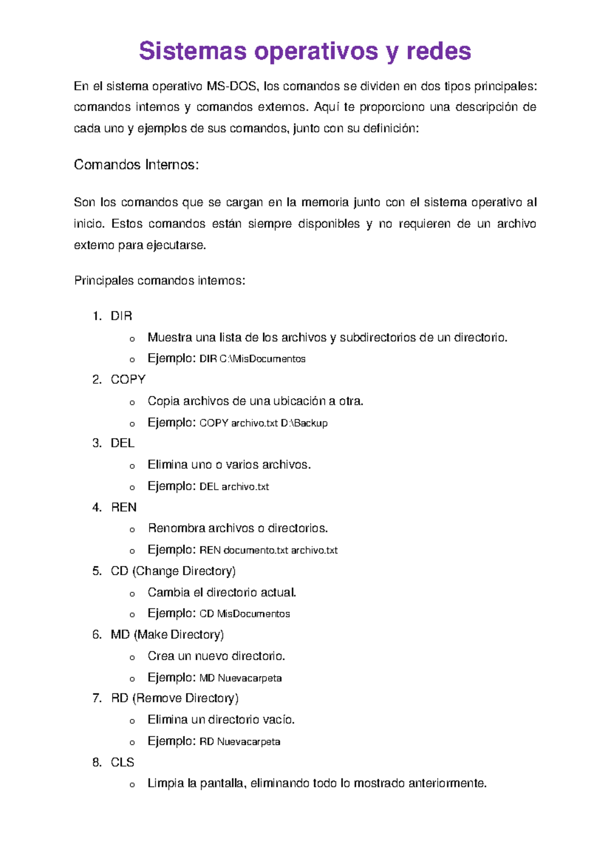 Comandos MS-DOS: Internos y Externos - Guía Completa - Studocu