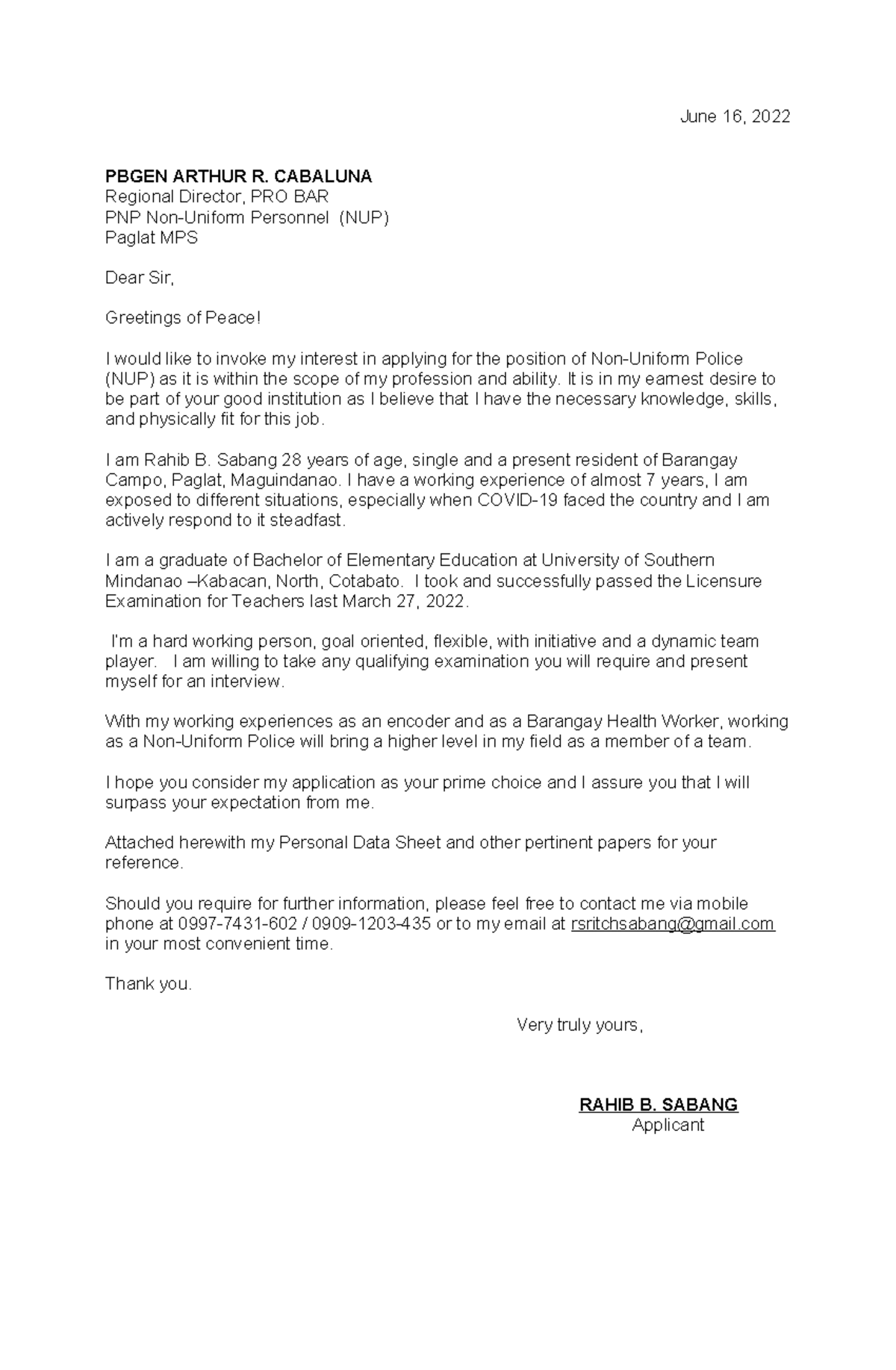 NUP Application Letter for Non-Uniform Police Position by Rahib B ...