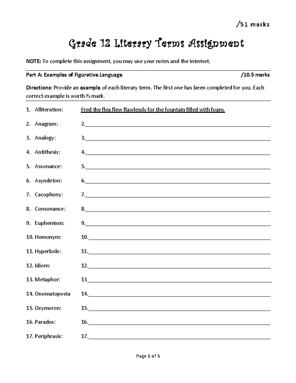 Grade 12 literary terms assignment: Understanding figurative language ...