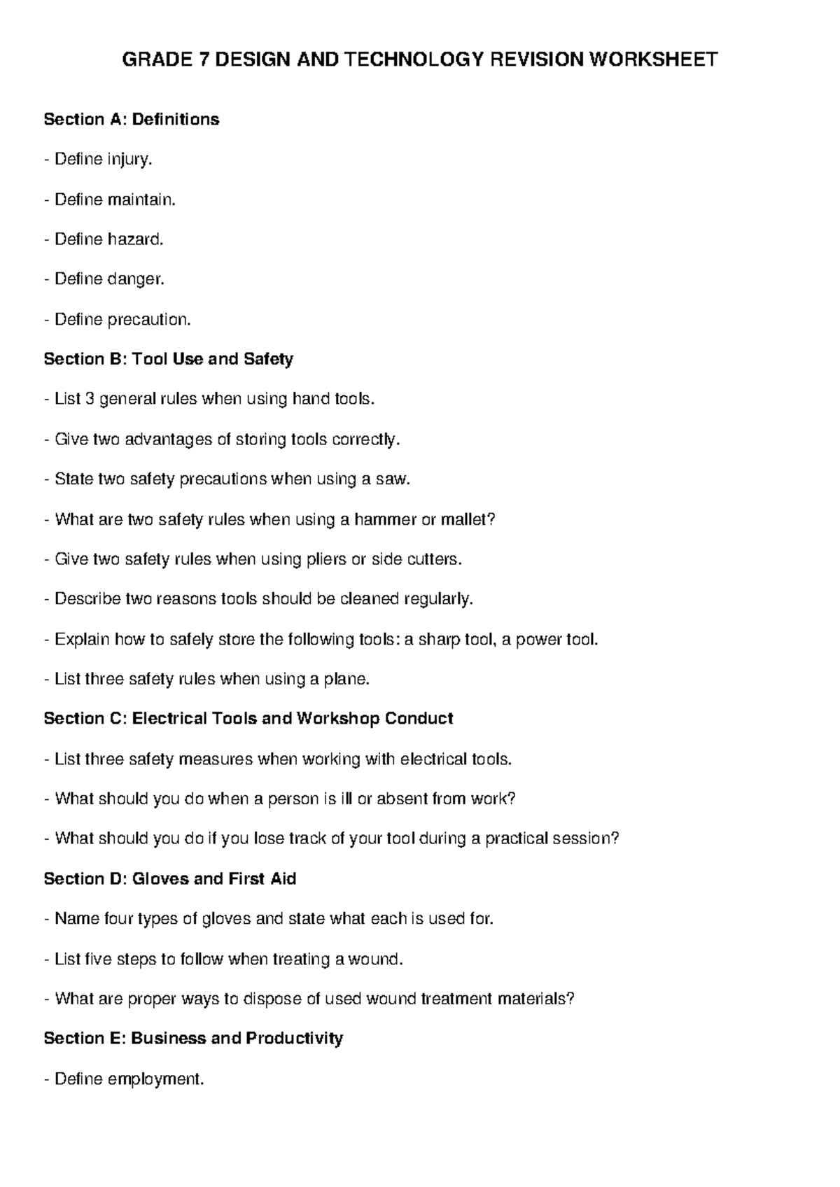 GRADE 7 DESIGN & TECH REVISION WORKSHEET: KEY CONCEPTS & SAFETY - Studocu