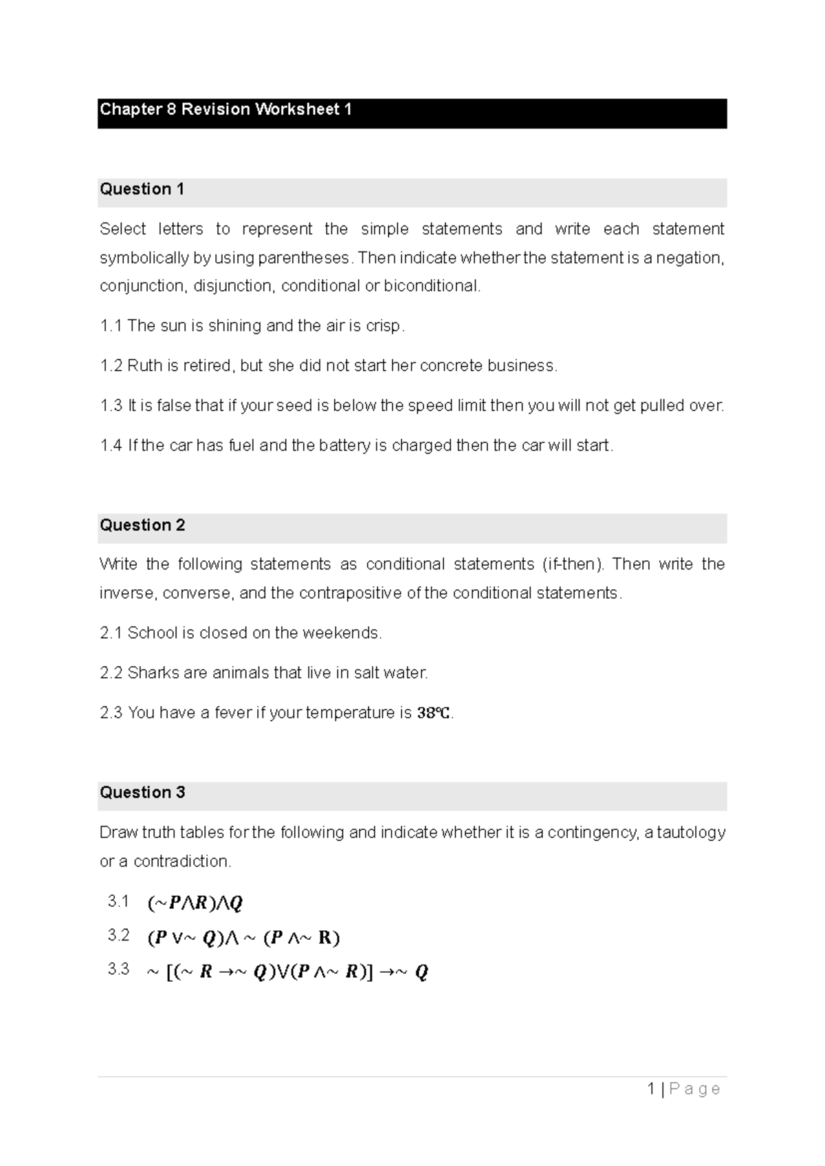 Chapter 8 Revision Worksheet 1: Symbolic Logic & Truth Tables - Studocu