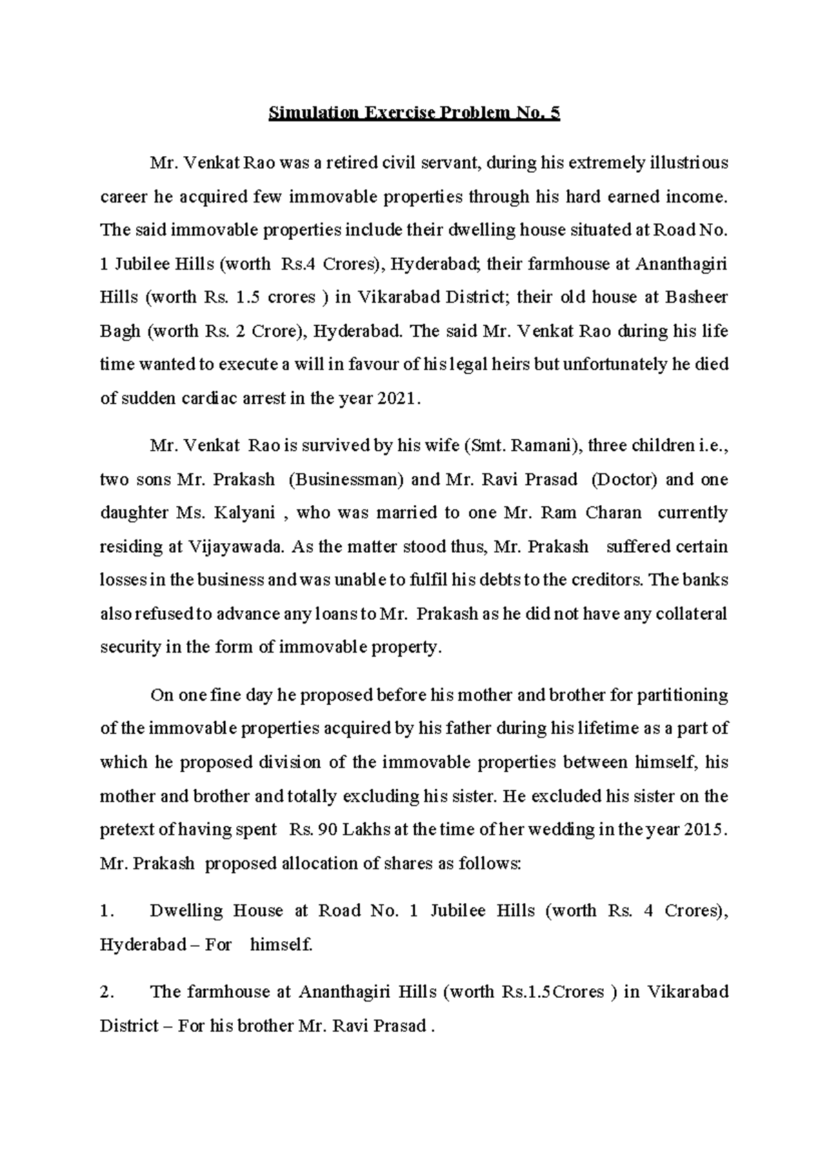 Simulation Exercise Problem No. 5: Estate Partition Case Study - Studocu