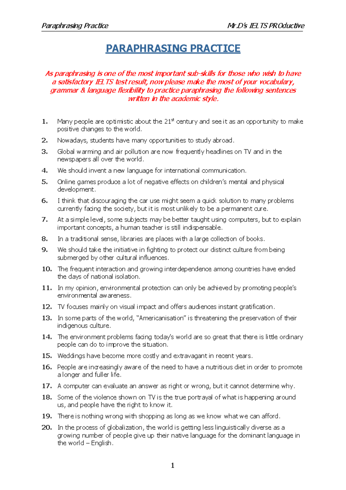 Paraphrasing-practice - PARAPHRASING PRACTICE As paraphrasing is one of ...