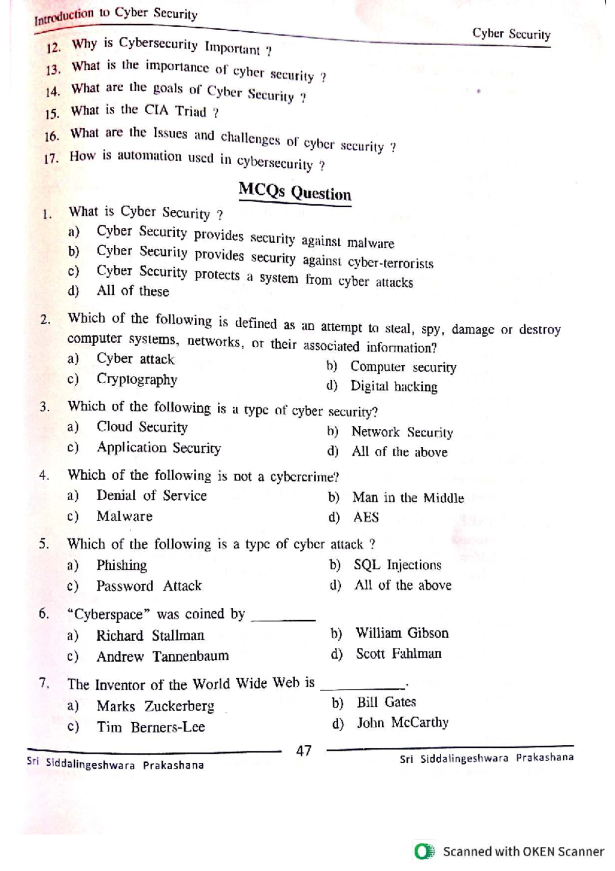 Cyber Security 12: Importance, Goals, and MCQs Overview - Studocu