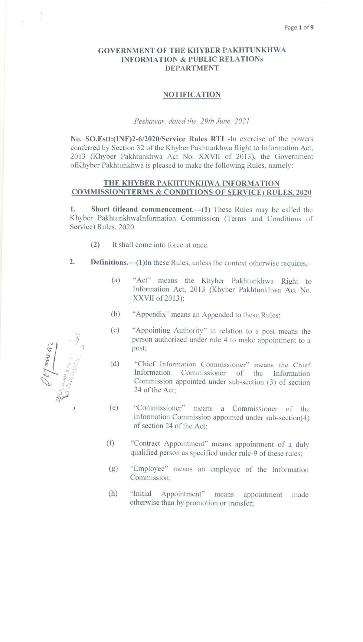 Khyber Pakhtunkhwa Information Commission Service Rules 2020 - Studocu