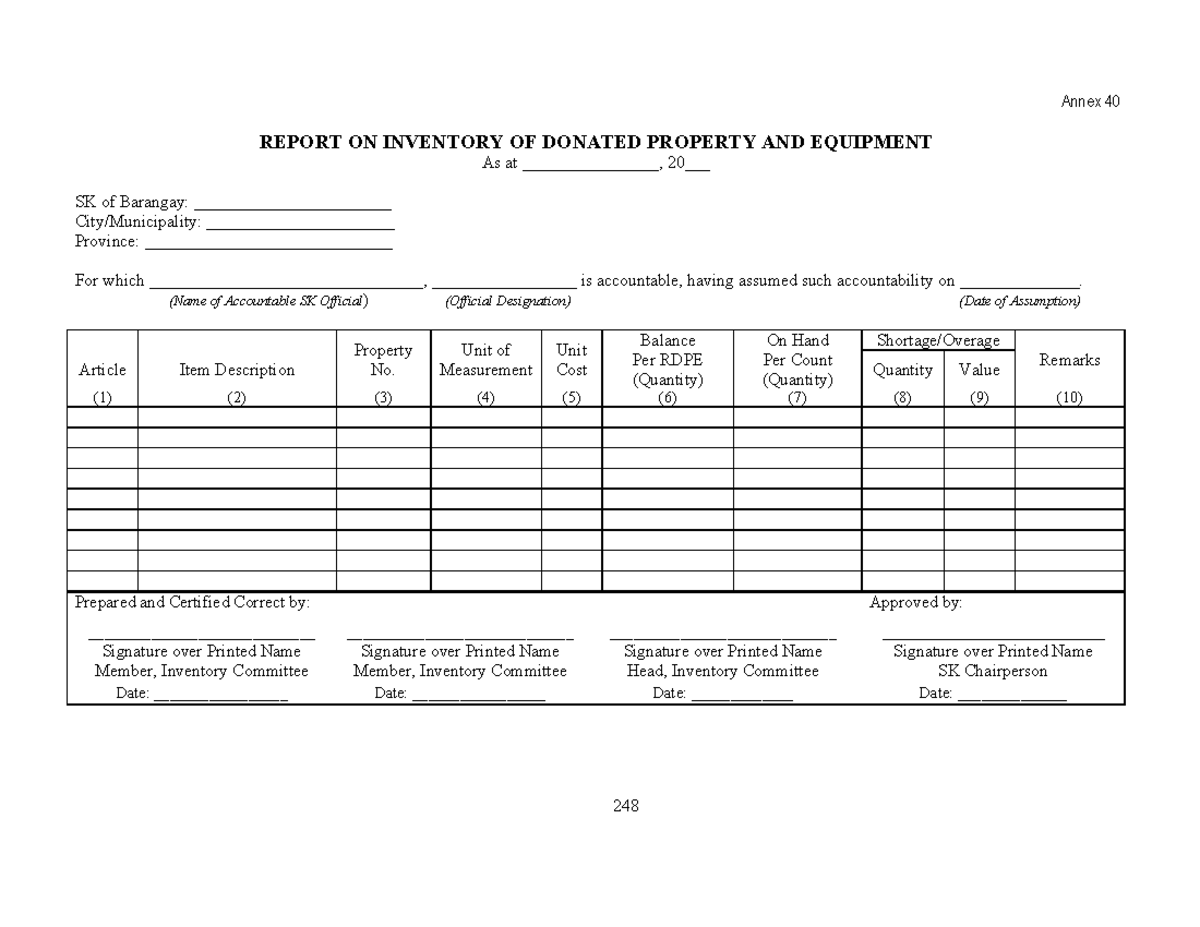 Inventory Report on Donated Property and Equipment - Annex 40 - Studocu