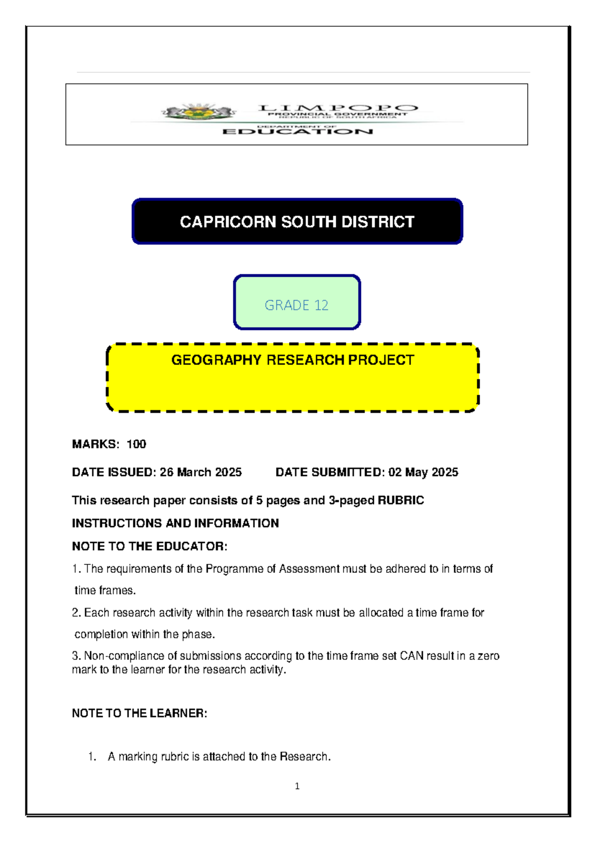 Grade 12 Geography Research Project-1: Investigating Local Issues 2025 ...