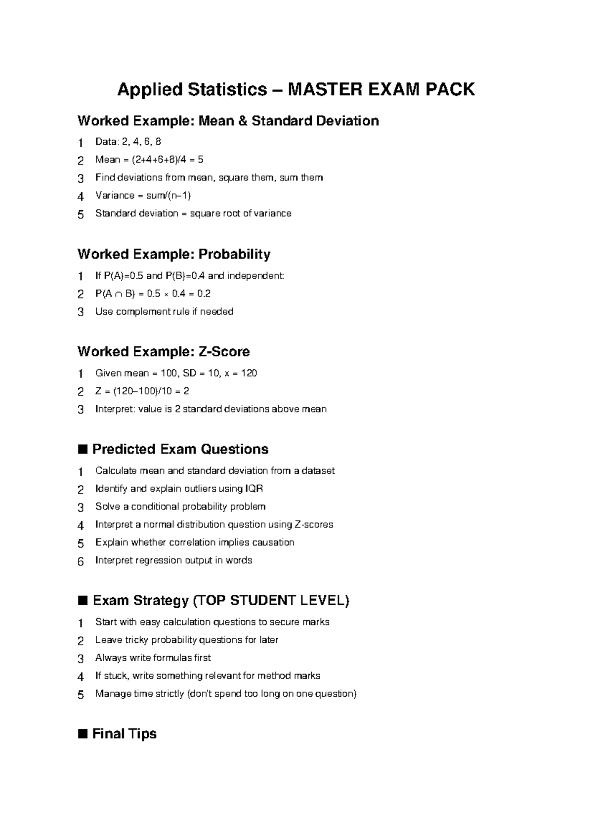 Applied Statistics MASTER EXAM PACK: Key Concepts & Strategies - Studocu