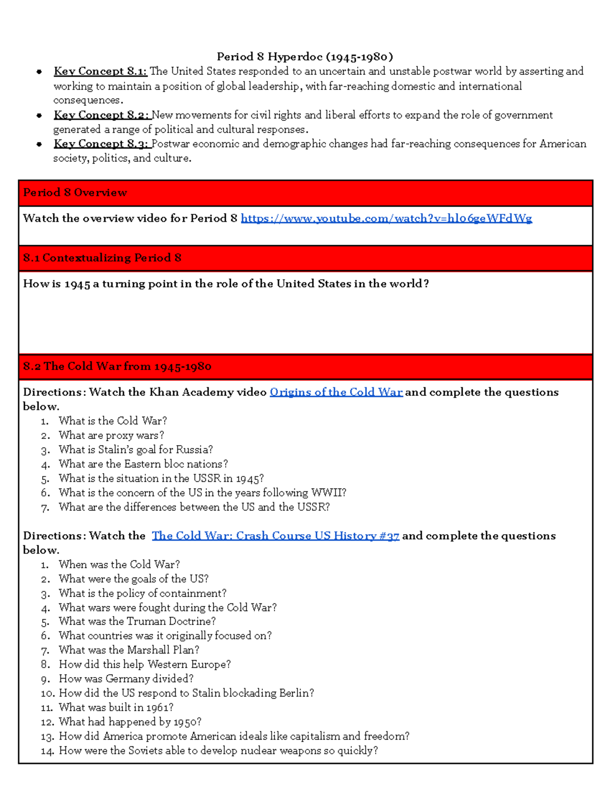 APUSH Period 8 Hyperdoc: Key Concepts & Cold War Overview - Studocu