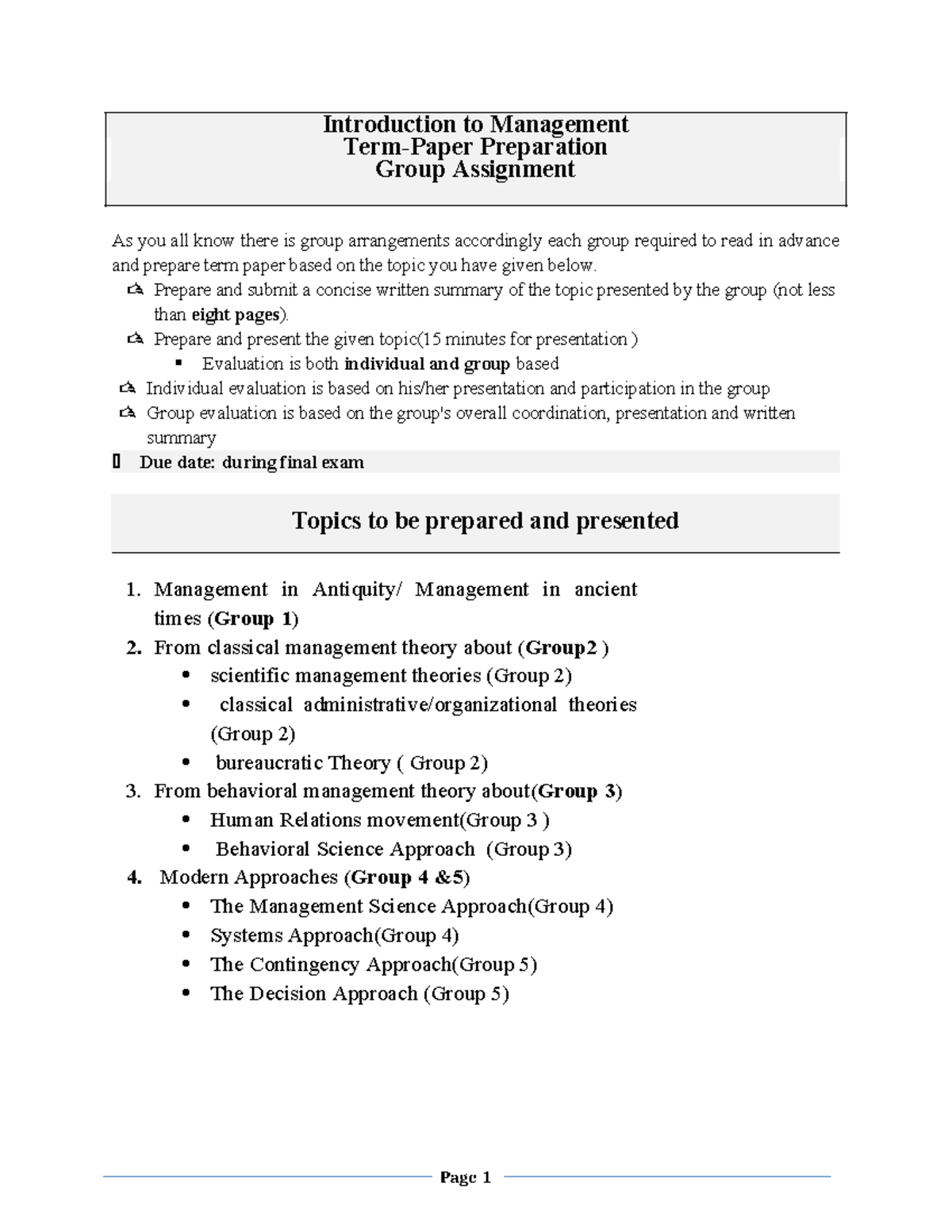 Intro assignimnet revised (for 5 groups) - Introduction to Management ...