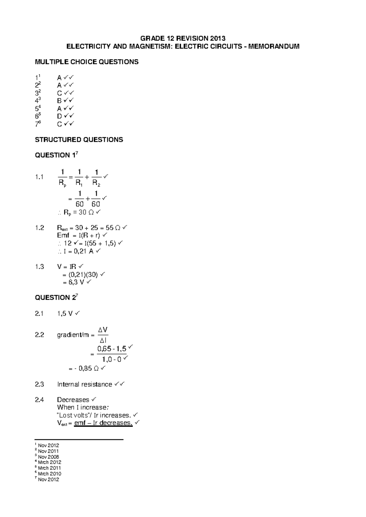 2013 Revision document Electric circuits Memo - GRADE 12 REVISION 2013 ...
