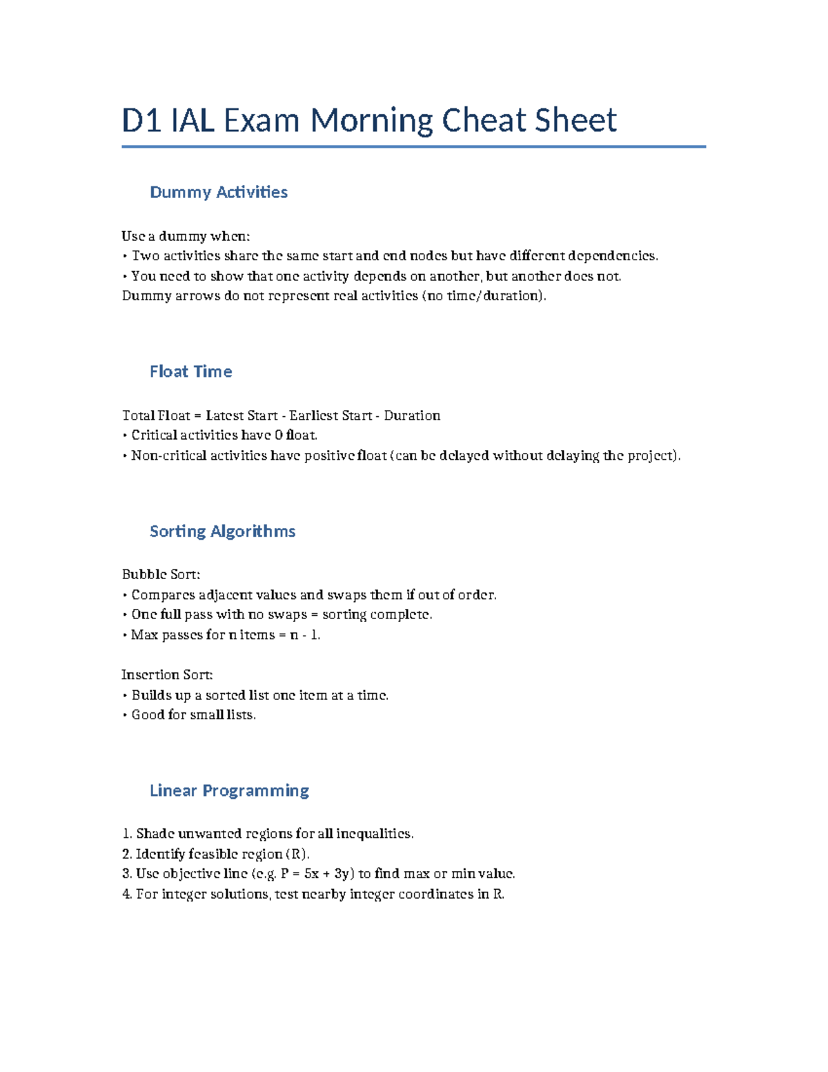 D1 Ial Exam Morning Cheat Sheet Dummy Activities Sorting Algorithms