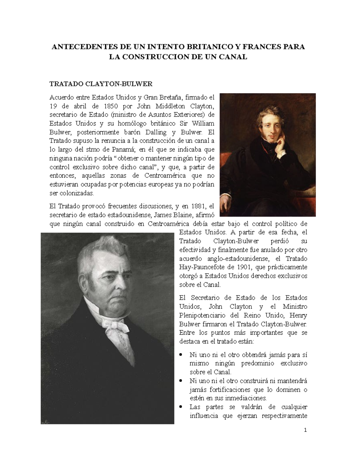 Antecedentes del Tratado Clayton-Bulwer y el Canal de Panamá - Studocu