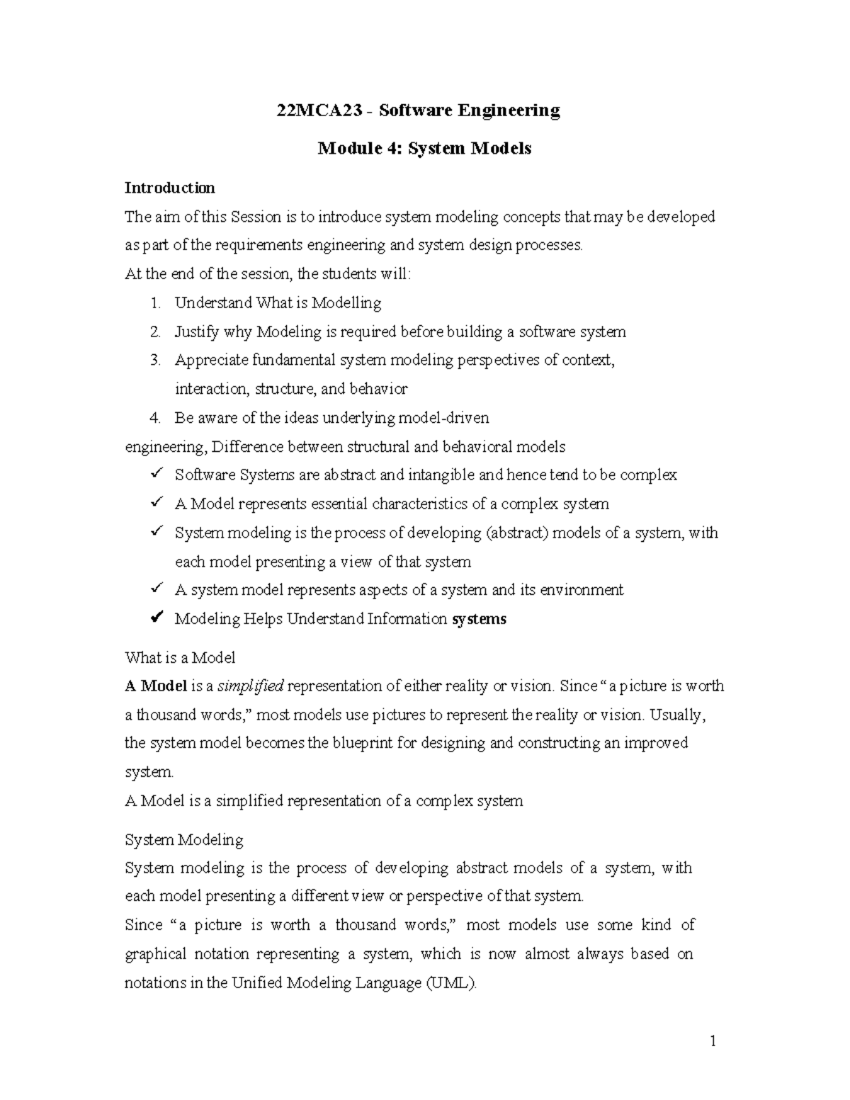 22MCA23 Software Engineering Module 4: Introduction to System Models ...