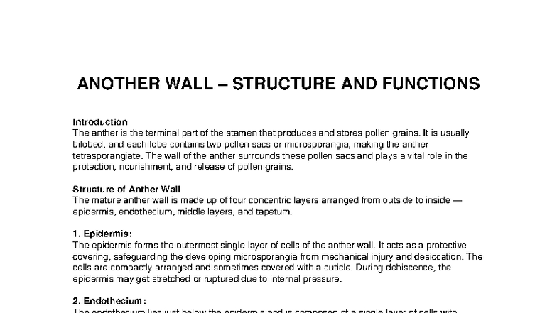 Anther Wall Structure and Functions - BSc 5th Sem Notes - Studocu