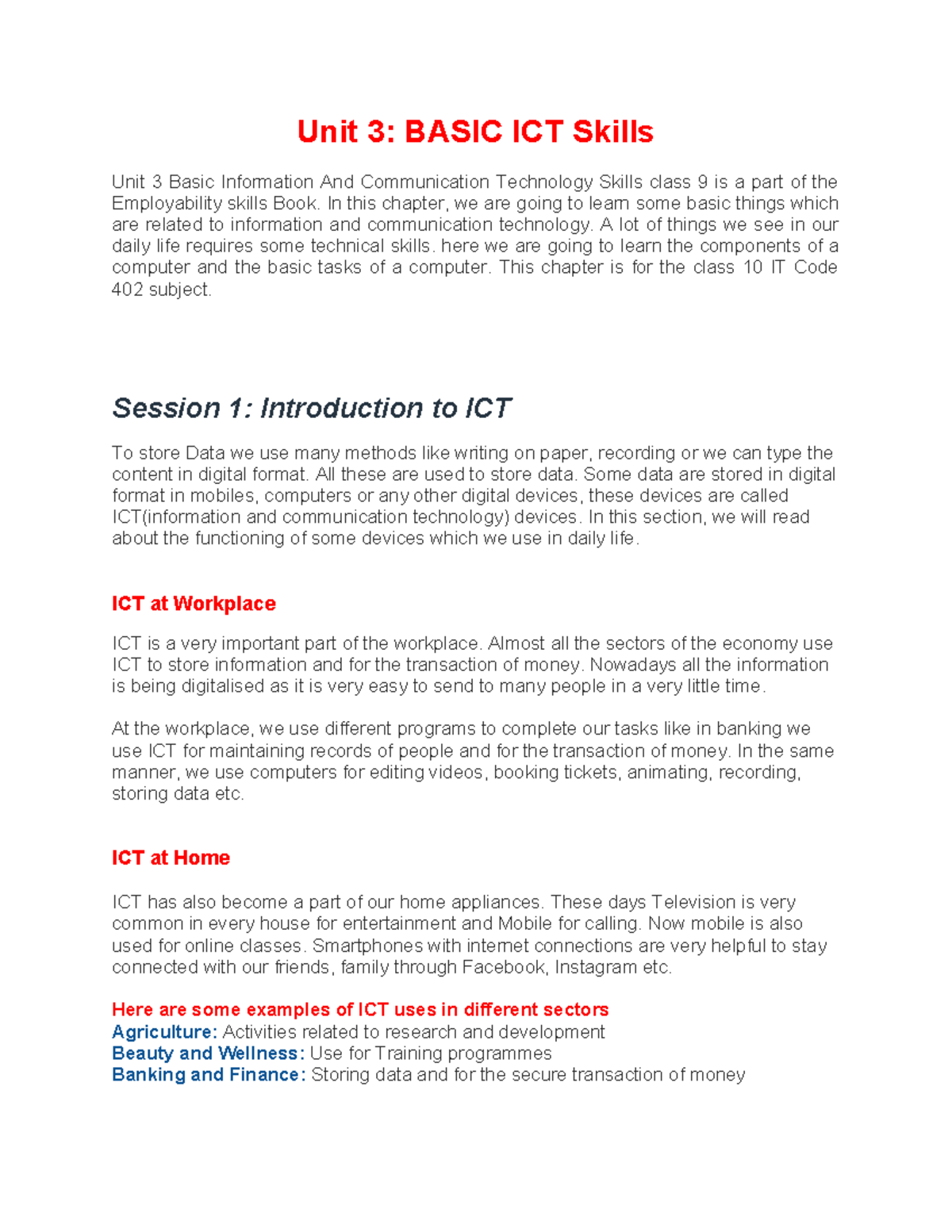 Unit 3: Basic ICT Skills for Class 10 IT Code 402 - Studocu