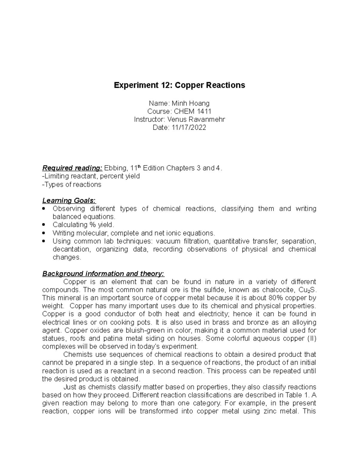 CHEM 1411 Experiment 12: Observing Copper Reaction Types and Yields ...