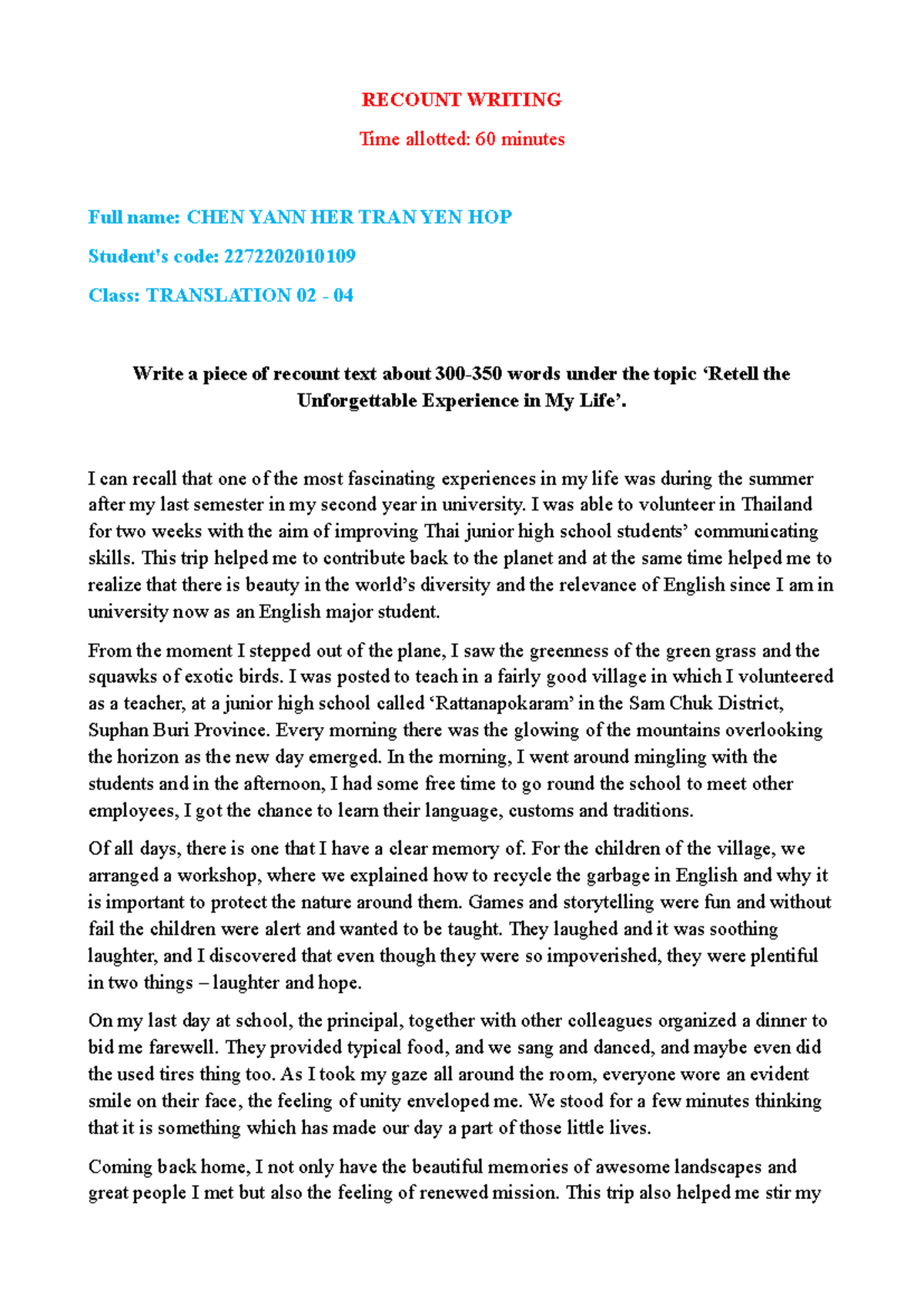 Recount Writing: Unforgettable Experience in Thailand (TRANSLATION 02 ...