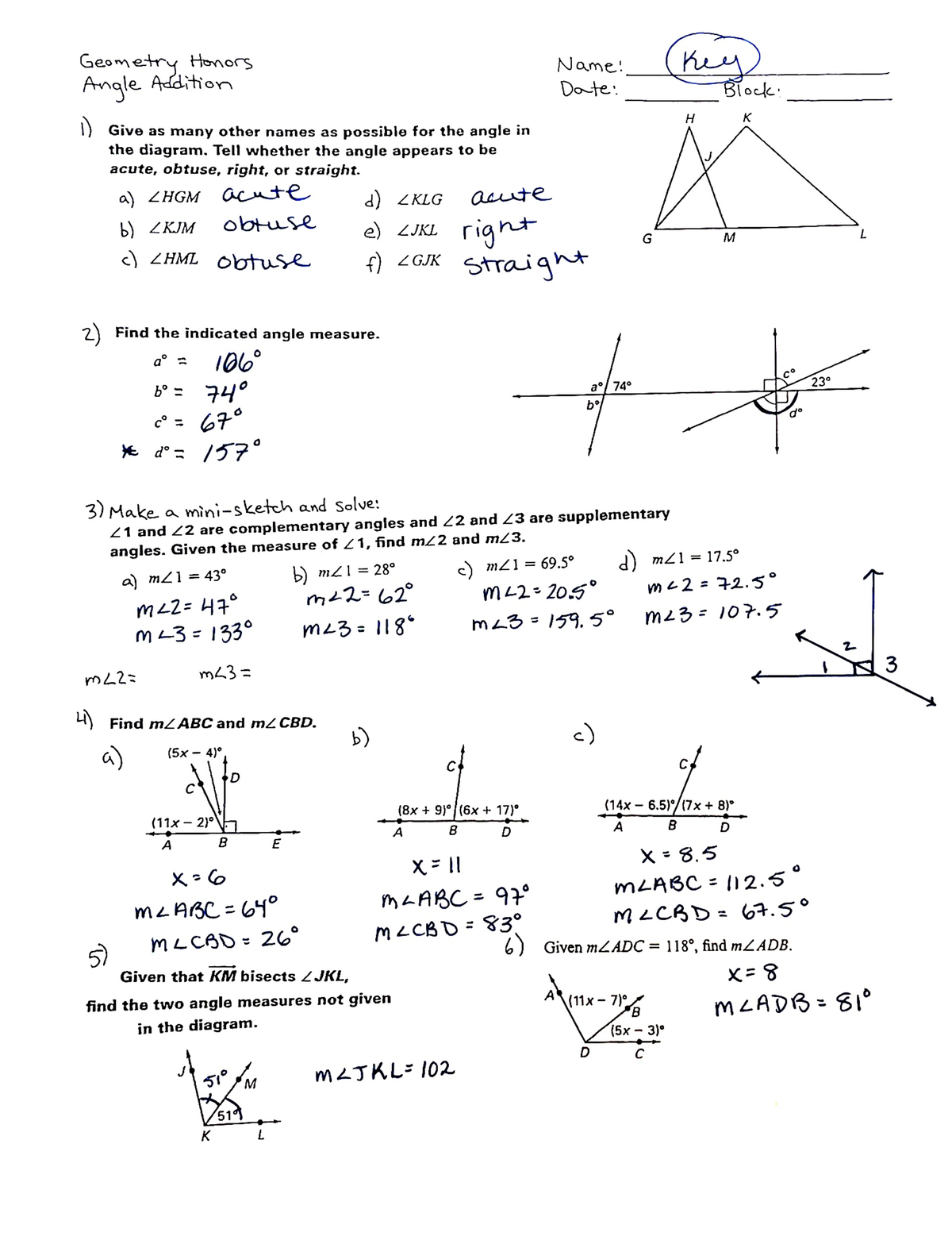 Angle Addition WS Key - Answer Key - Geometry Honors Name: key Angle ...