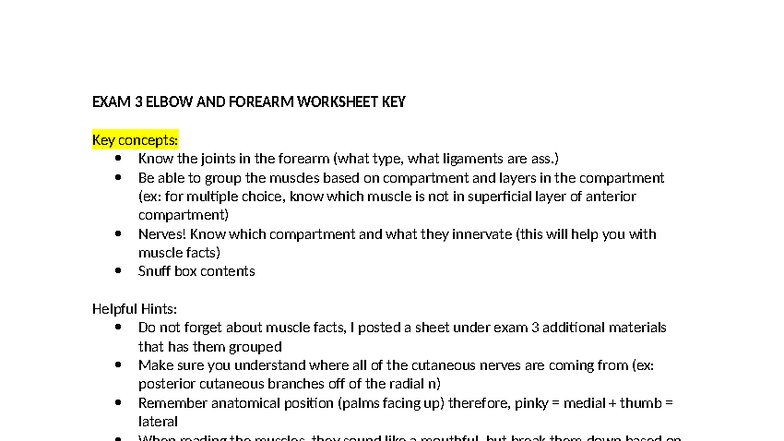 Exam 3 Elbow & Forearm Worksheet Key: Key Concepts & Muscles - Studocu