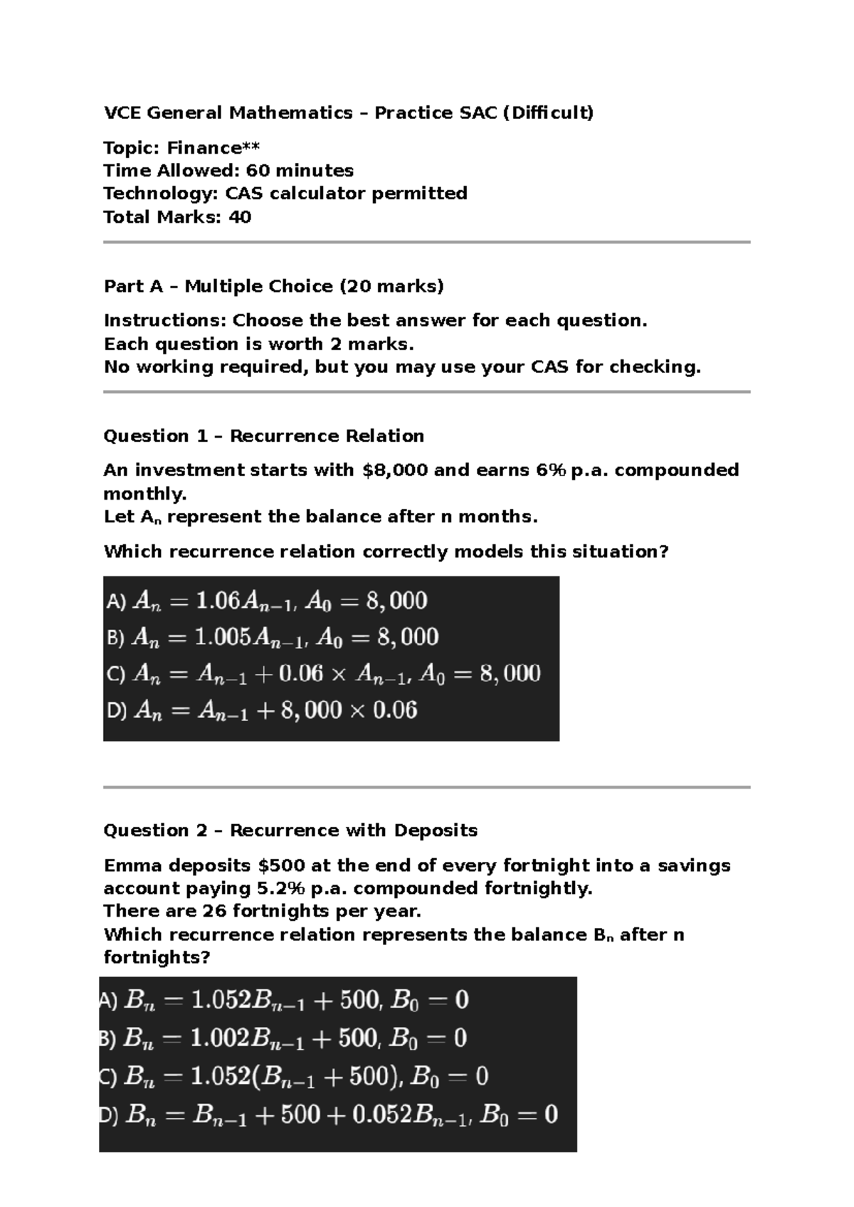VCE General Mathematics Practice SAC: Time & Interest Concepts - Studocu