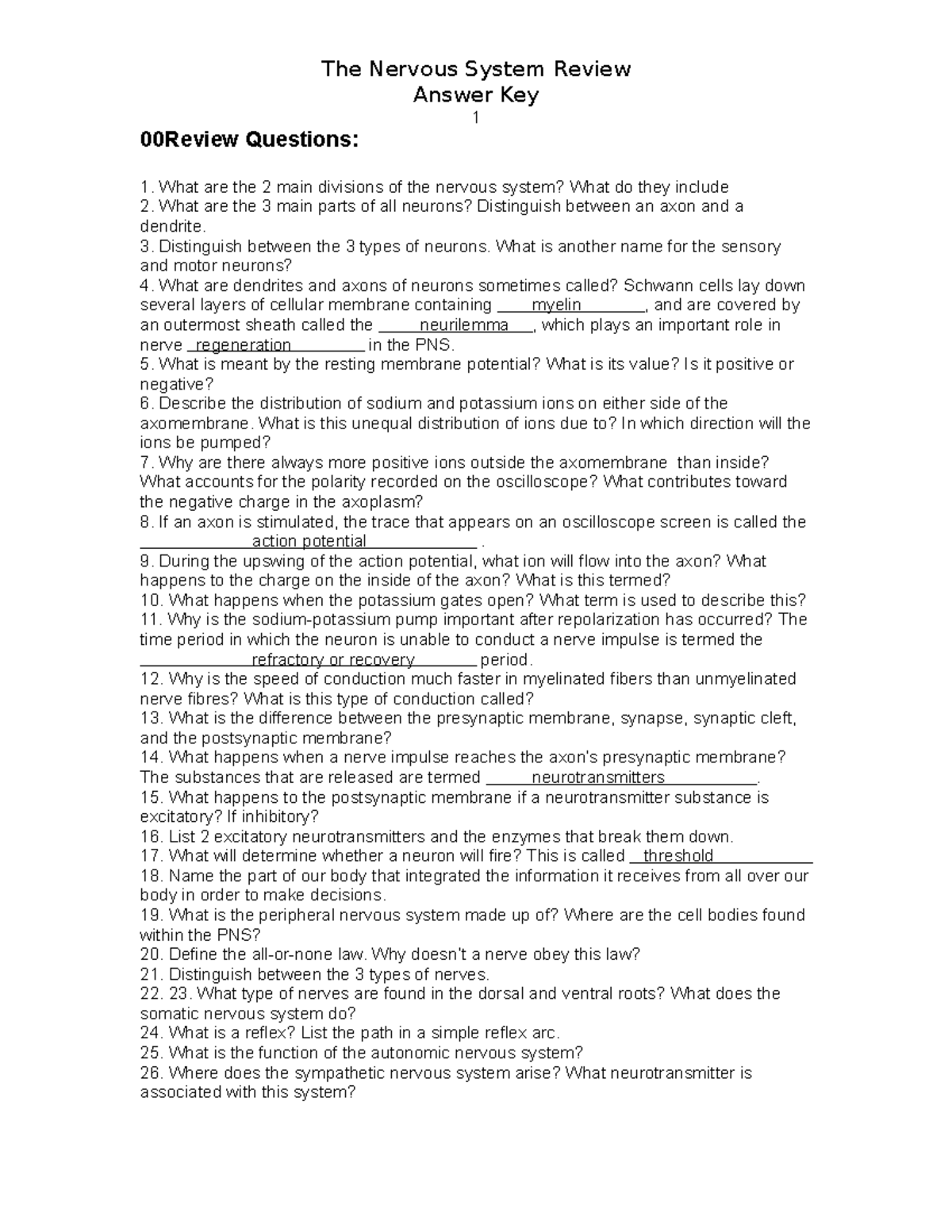 Nervous System (NS) Review Final Exam Answer Key - Studocu