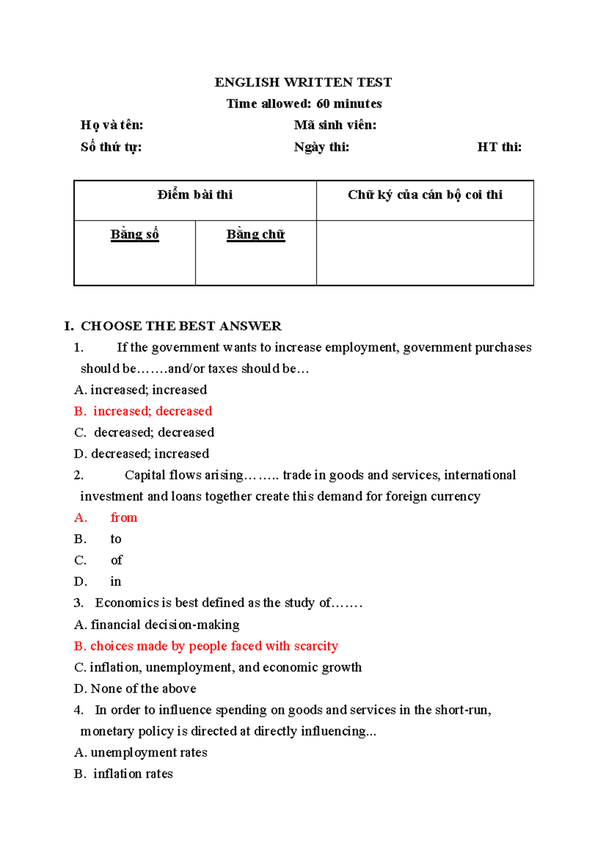 ENGLISH ECONOMICS WRITTEN TEST - FINAL EXAM (Course Code: ENGL 101 ...