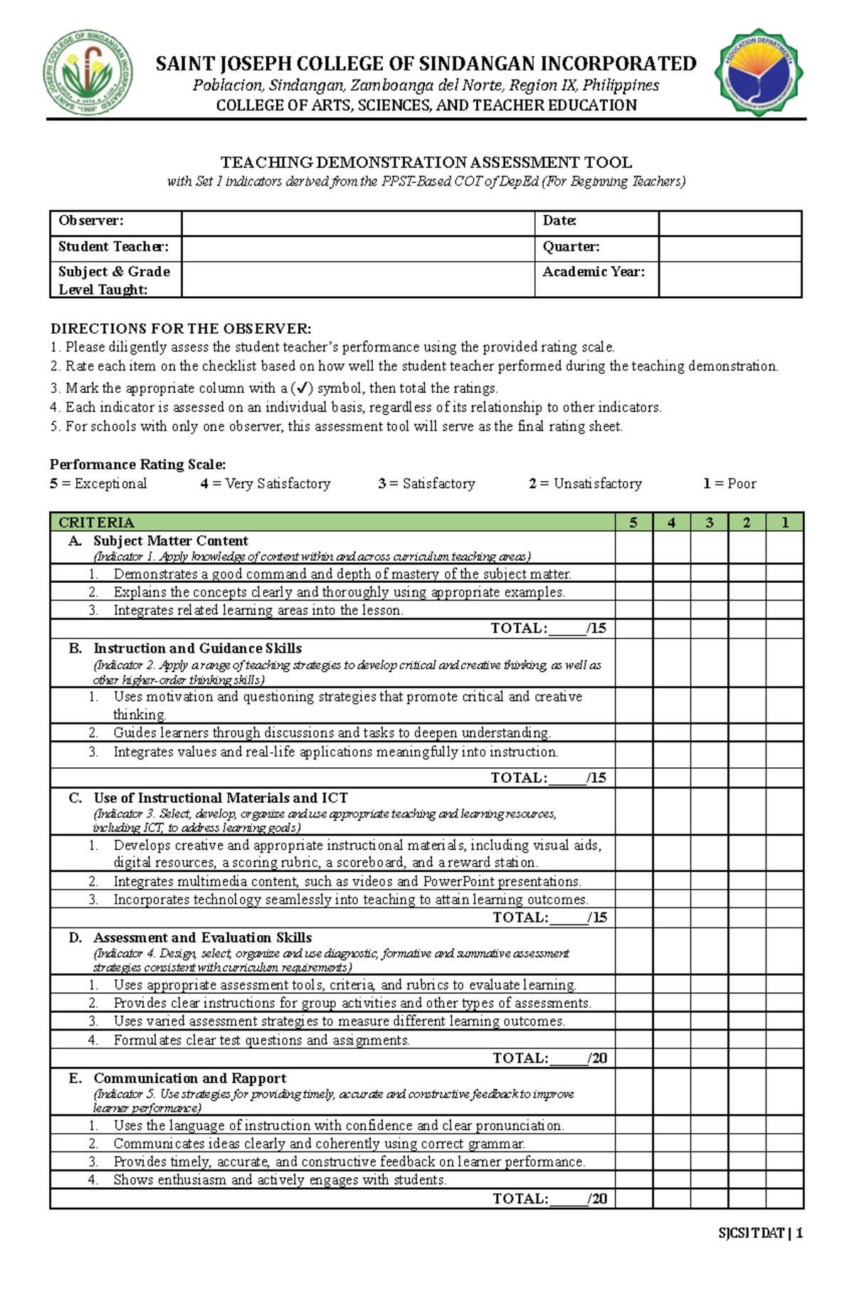SJCSI TDAT: Teaching Demonstration Assessment Tool for Student Teachers ...