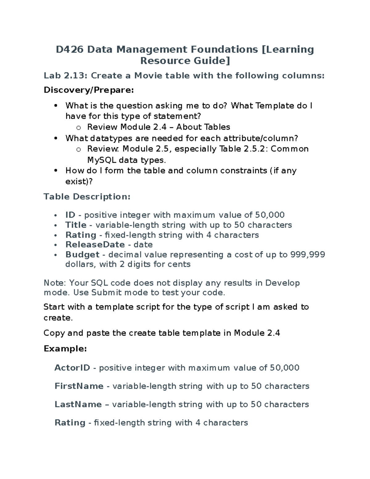 D426 [Learning Resource Guide] Lesson 2 Labs: SQL Table Management ...