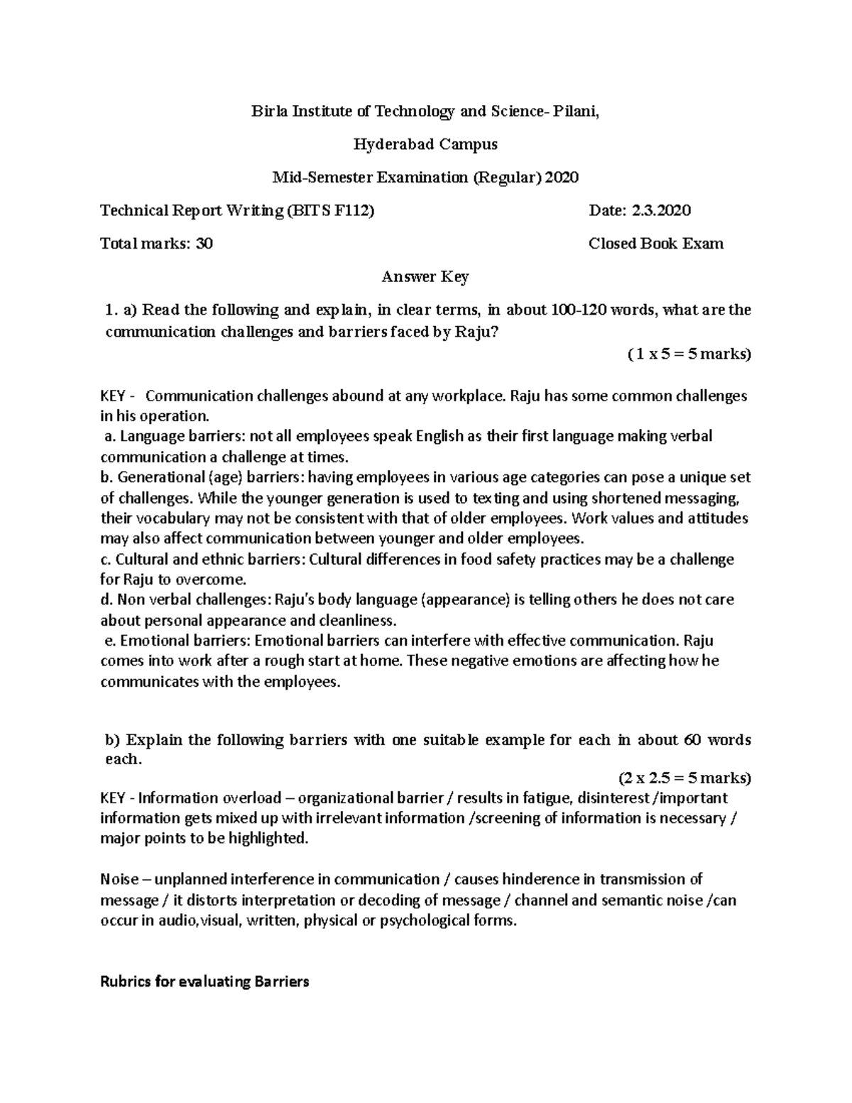 Mid-Semester Exam Answer Key for TRW (BITS F112) 2020 - Studocu