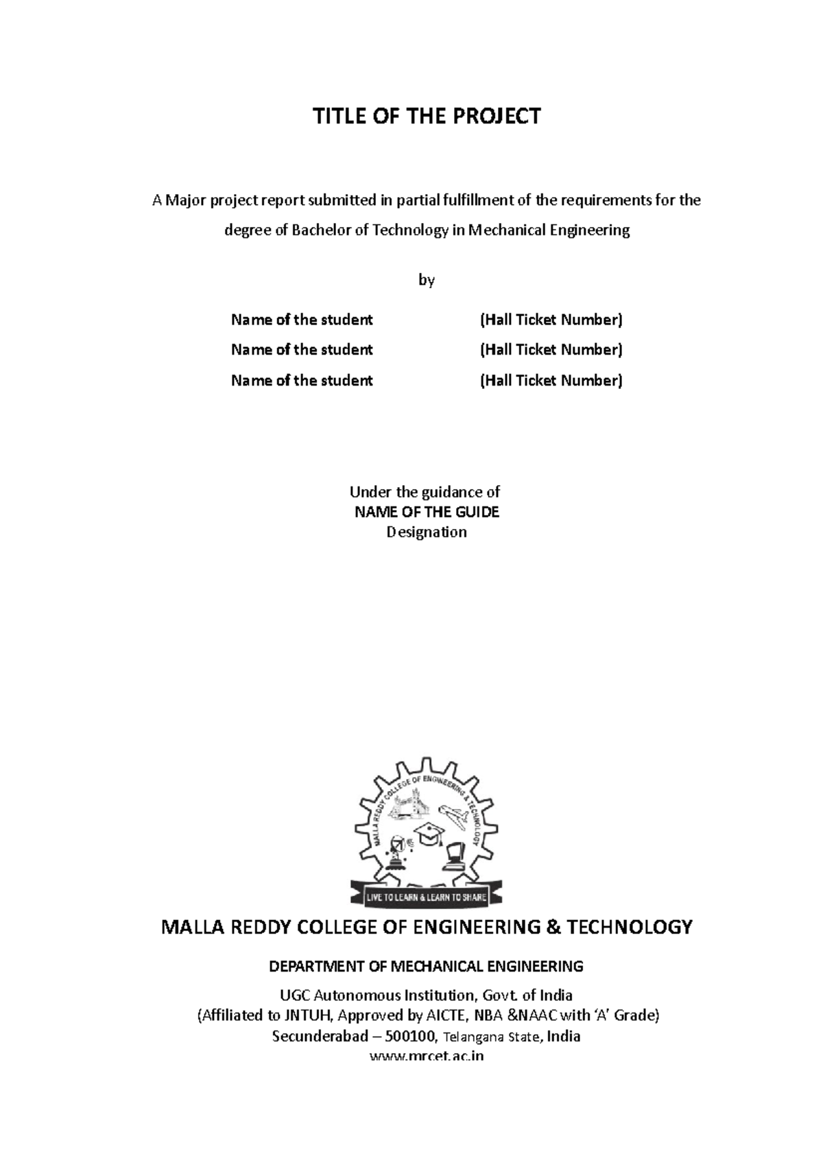 B.Tech ME Major Project Report Front Pages and Structure - Studocu