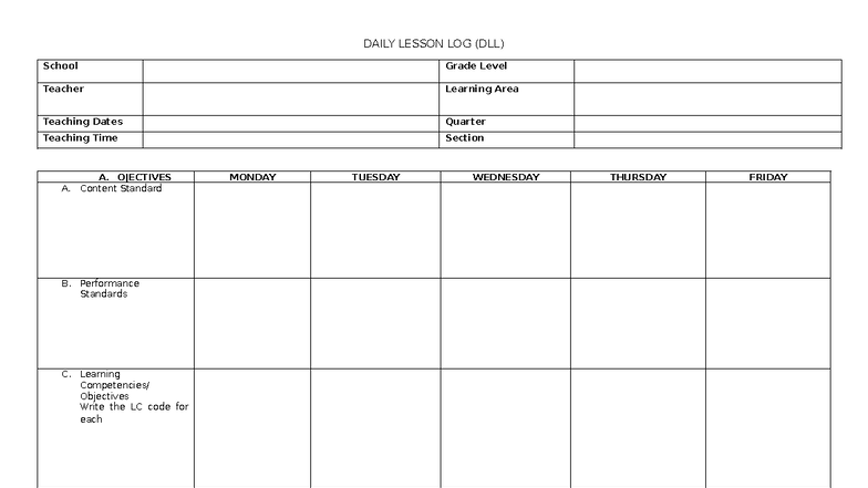 DAILY LESSON LOG (DLL) for Instructional Planning and Reflection - Studocu