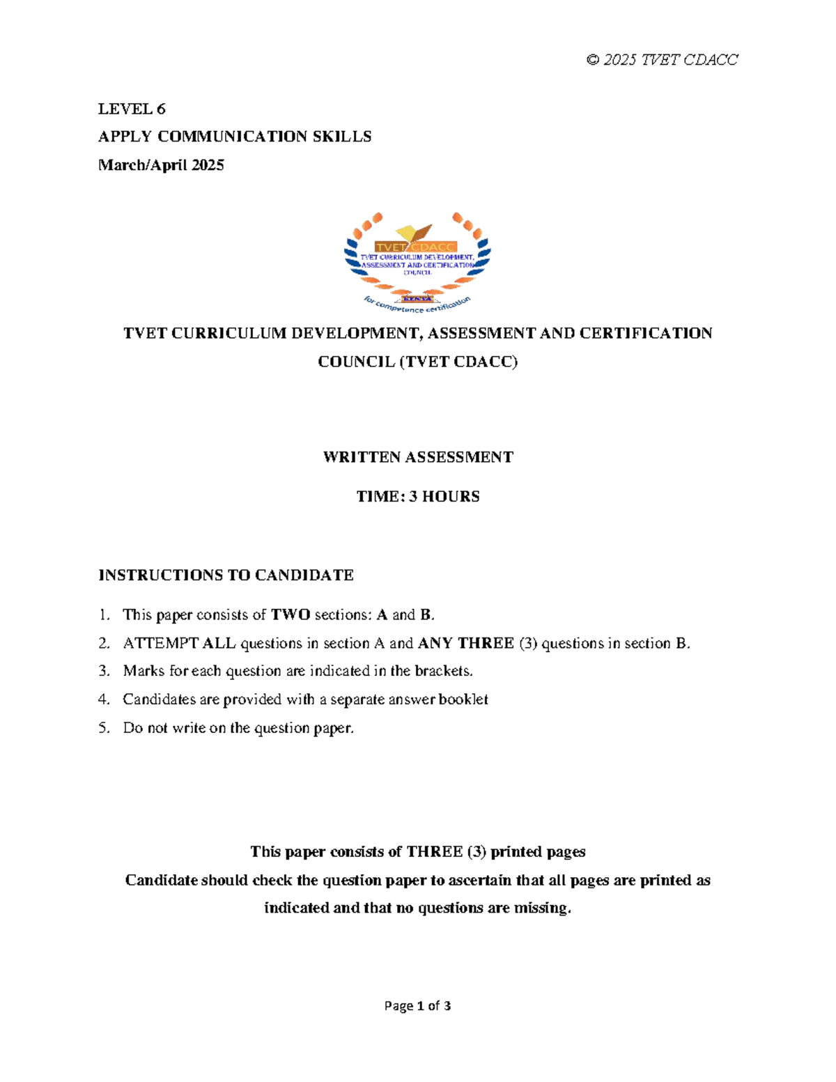 2025 TVET CDACC Level 6 Apply Communication Skills Written Assessment - Studocu