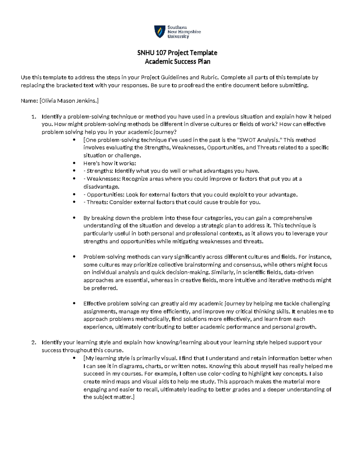 SNHU 107 Academic Success Plan Project Template and Guidelines - Studocu