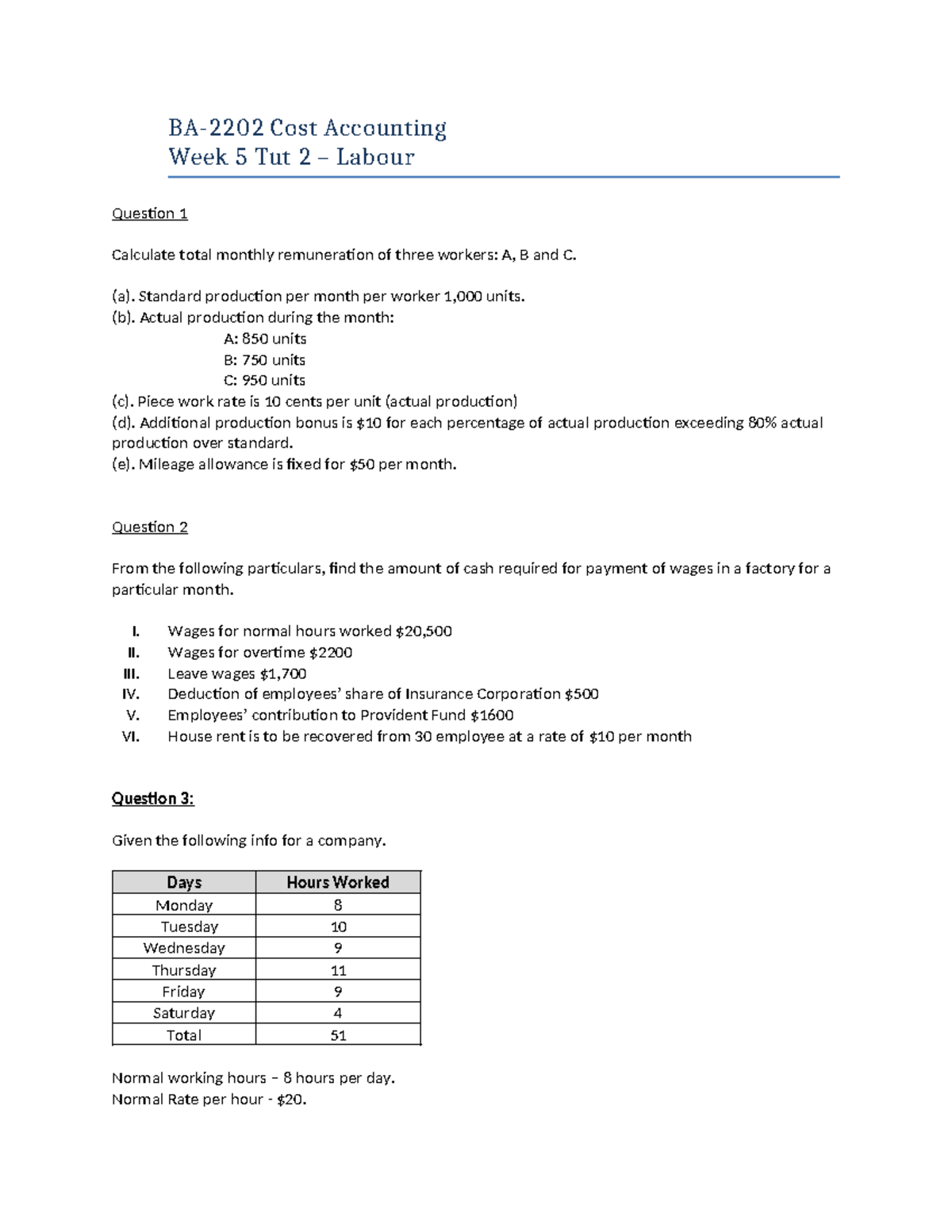 Cost Accounting Wk 5 Tut 2: Labour Remuneration & Wages Calculations ...