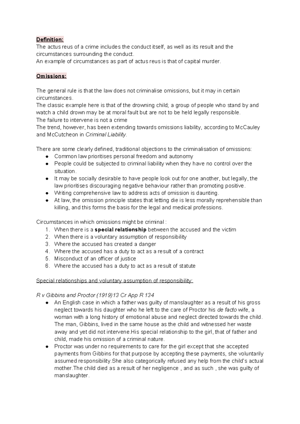 Criminal Law (CL101): Actus Reus and Omissions Liability Lecture Notes ...