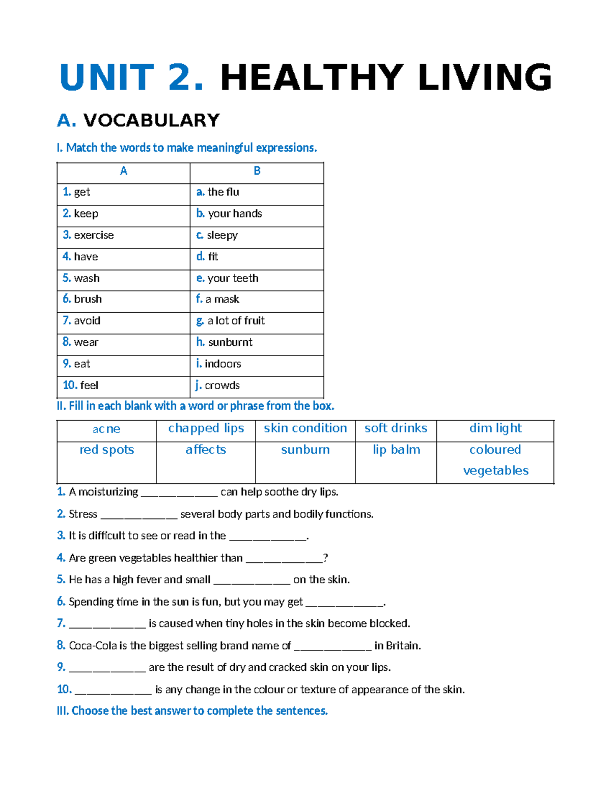 UNIT 2. Healthy Living - Vocabulary & Grammar Exercises with Key - Studocu