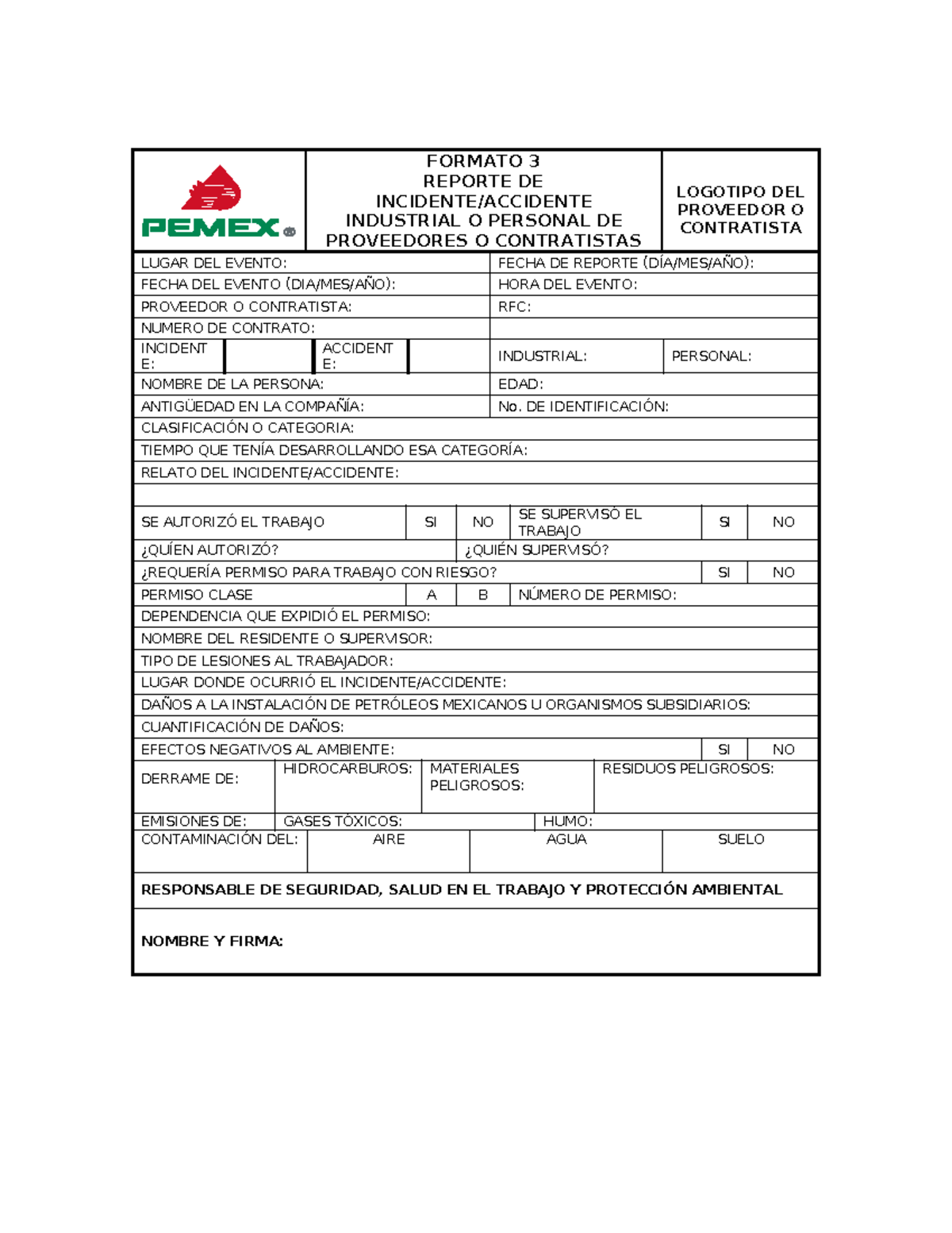 Reporte de Incidente/Accidente Industrial - Formato 3 SSPA - Studocu