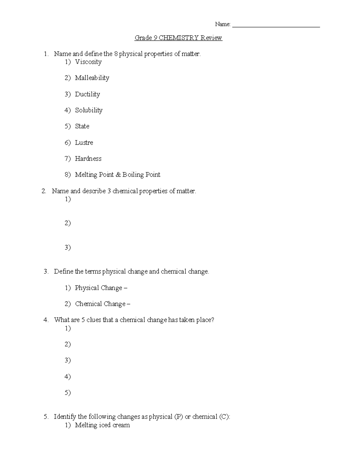 Grade 9 CHEMISTRY Review: Physical & Chemical Properties of Matter ...