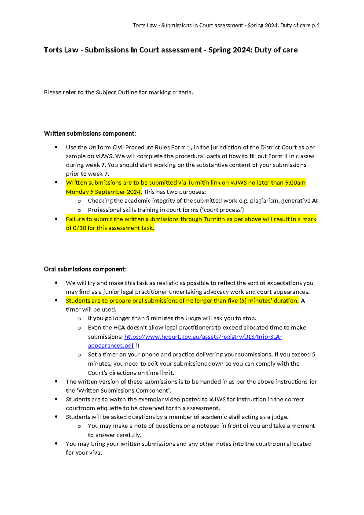 Torts Law - Submissions in Court Assessment - Duty of Care (Spring '24 ...